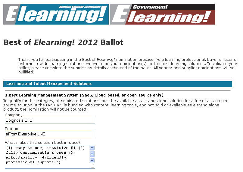 Vote Now For Best of Elearning! Awards 2012 - eFront Blog